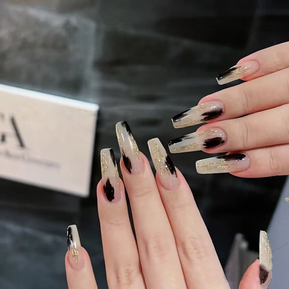 Glamorous Midnight Muse Long Coffin Press On Nails Black and Gold Glit – RainyRoses