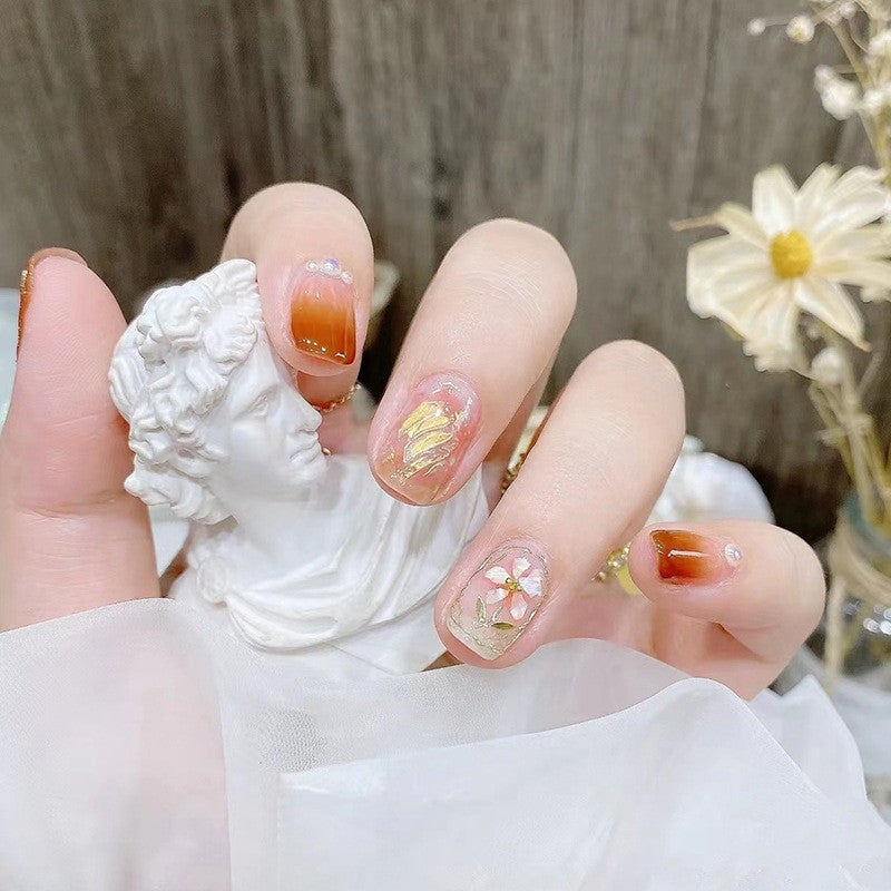 Renaissance Muse Short Square Amber Press On Nails with Gold Leaf and – RainyRoses