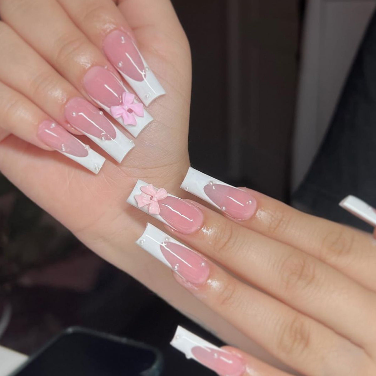Chic Elegance Long Square Pink and White Press On Nail Set with Bow Ac ...
