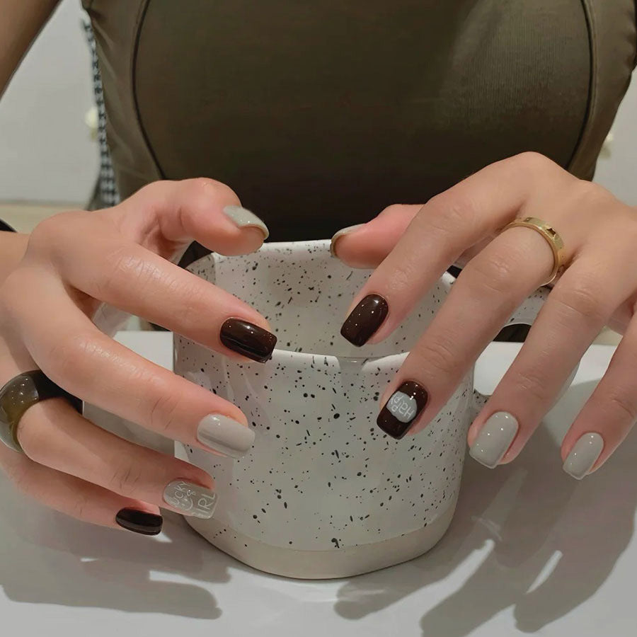 Chic Earthy Vibes Short Square Brown and Beige Press-On Nail Set with ...