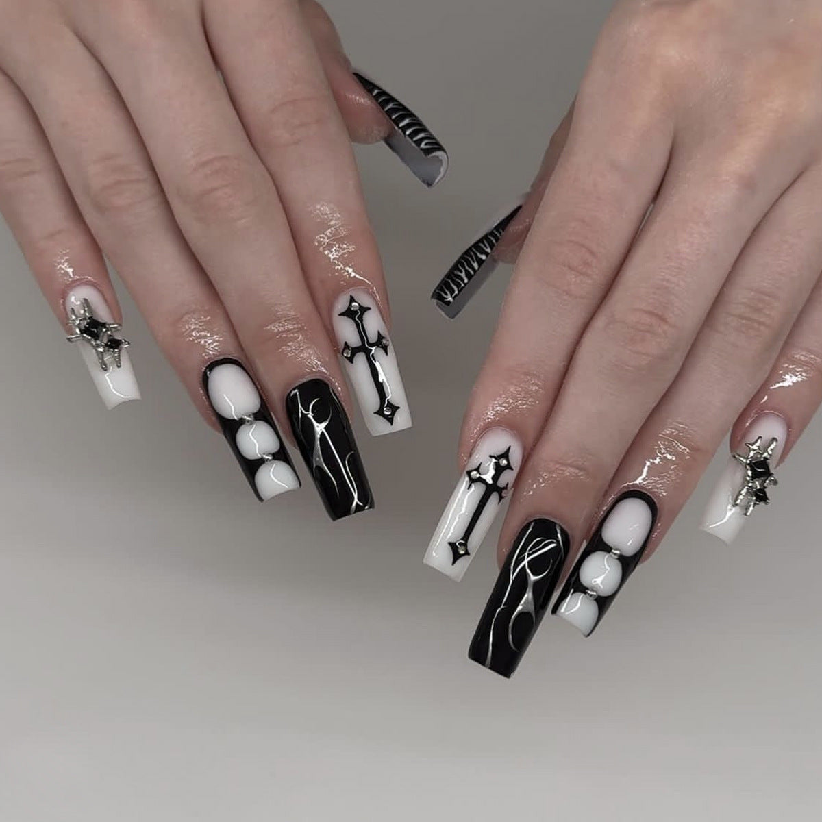 Gothic Elegance Long Square Black and White Press On Nail Set with Uni ...