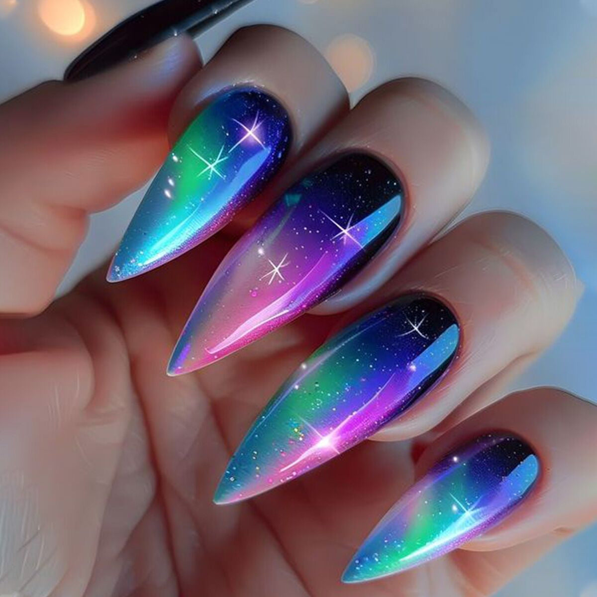 Galaxy Dream Long Stiletto Press On Nails Colorful Aurora Effect with ...