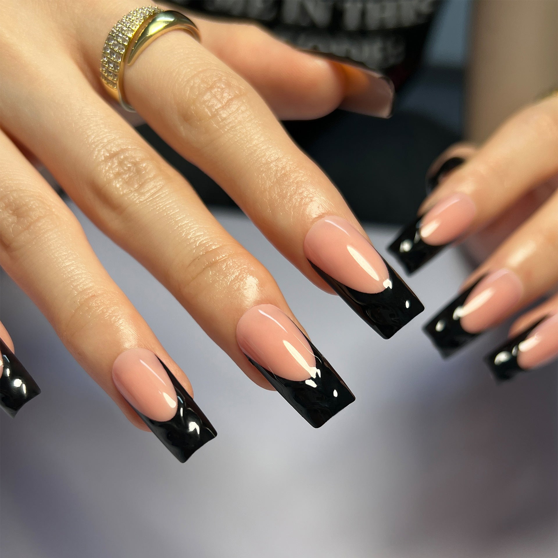 Elegant Midnight Glam Press On Nails Long Square Pink and Black with G ...
