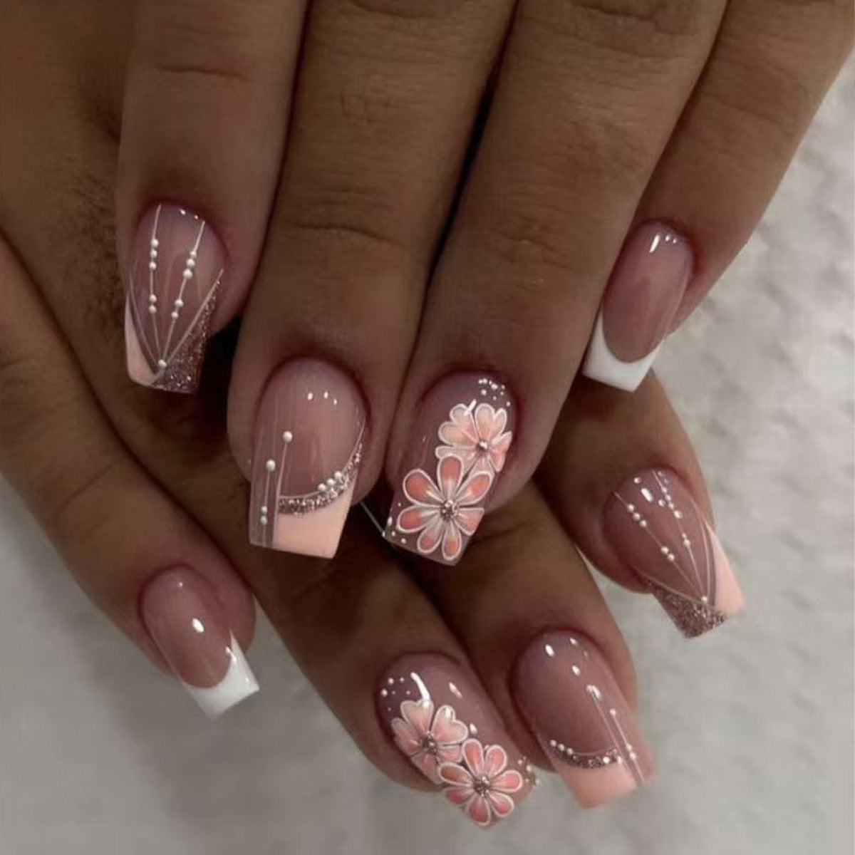 Blossom Dream Medium Square Beige and White Press On Nail Set with Flo ...
