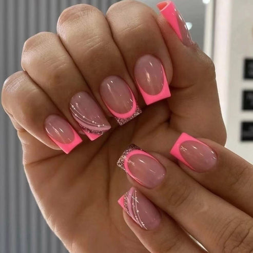Vibrant Sunset Short Square Pink Press On Nail Set with Glitter Accent ...