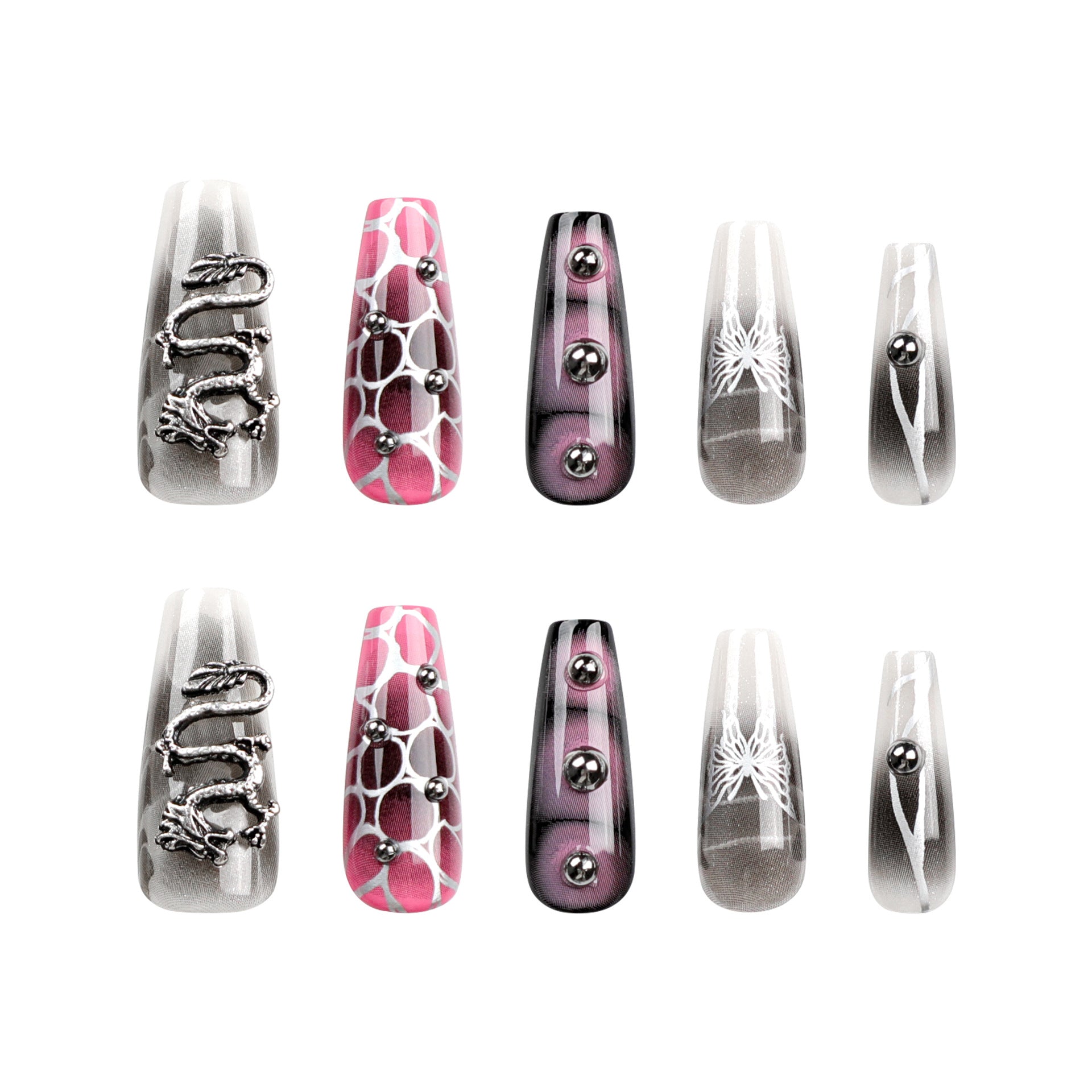 Mystical Dragon Design Long Coffin Shaped Pink and Gray Press On Nail ...
