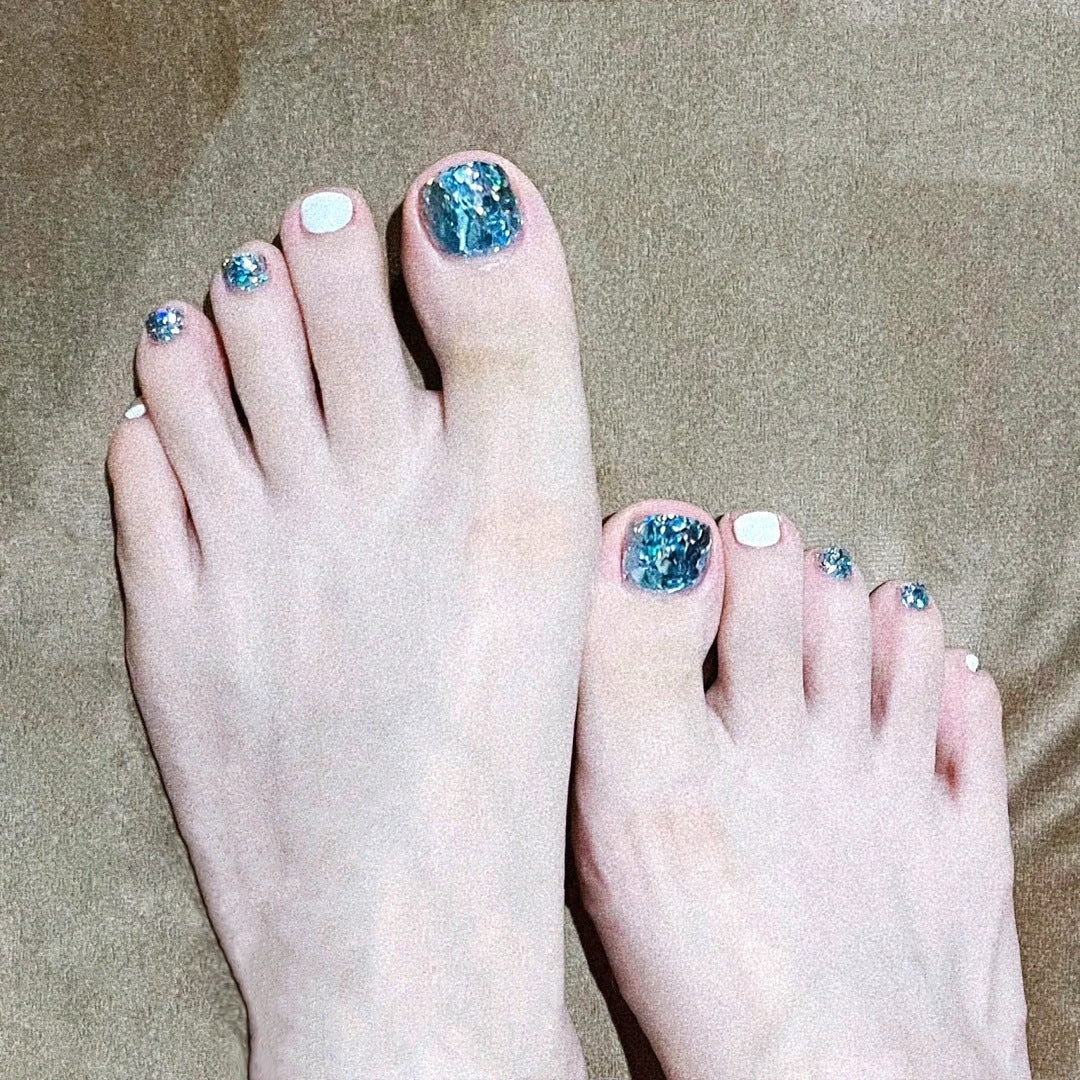Ocean Bliss Short Squarel Glitter Blue and White Press On Toenail Set ...
