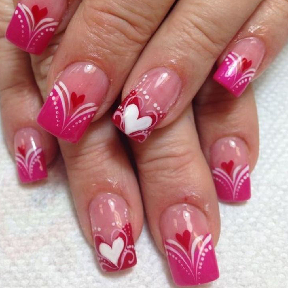 Heartfelt Romance Medium Square Long Pink Nail Set with Elegant Heart ...