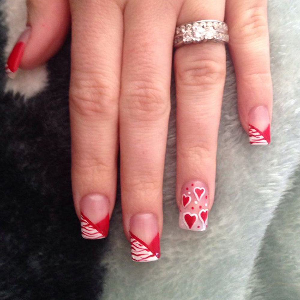 Romantic Red Medium Square Press-On Nail Set with Heart and Zebra Desi ...