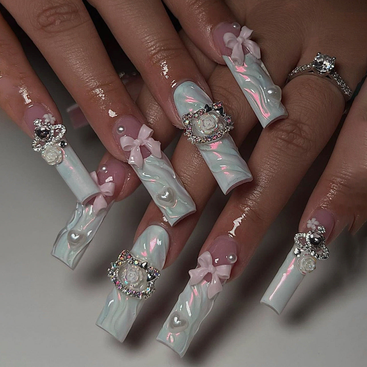 Whimsical Romance Long Square Baby Blue Press On Nail Set with Pearl a ...