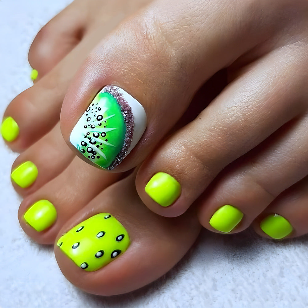 Tropical Delight Short Square Neon Green Press On Toenails with Kiwi F ...