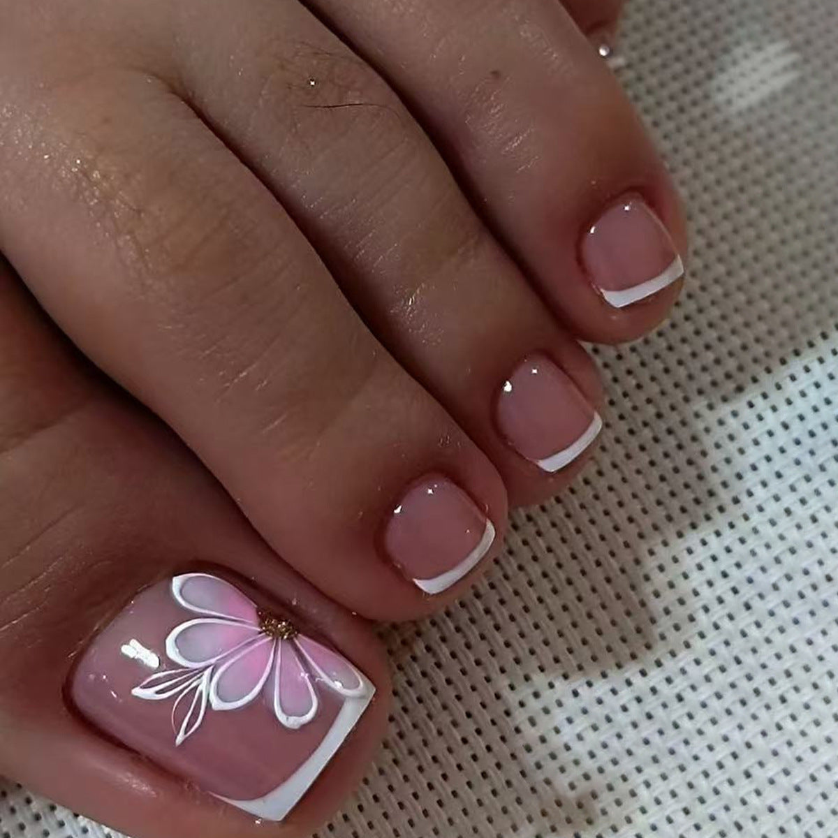 Petal Paradise Short Square Pink Ombre Toenails with Delicate Floral D ...