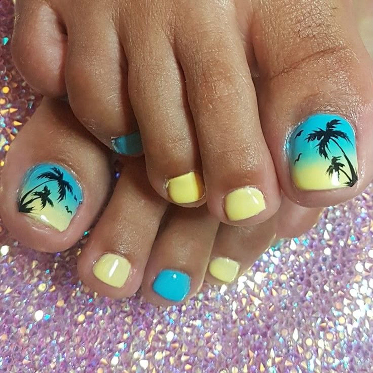 Tropical Paradise Short Square Shaped Blue and Yellow Press On Toenail ...