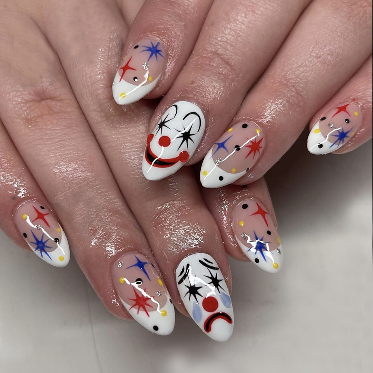Clown Circus Themed Long Almond White Press On Nail Set with Colorful ...