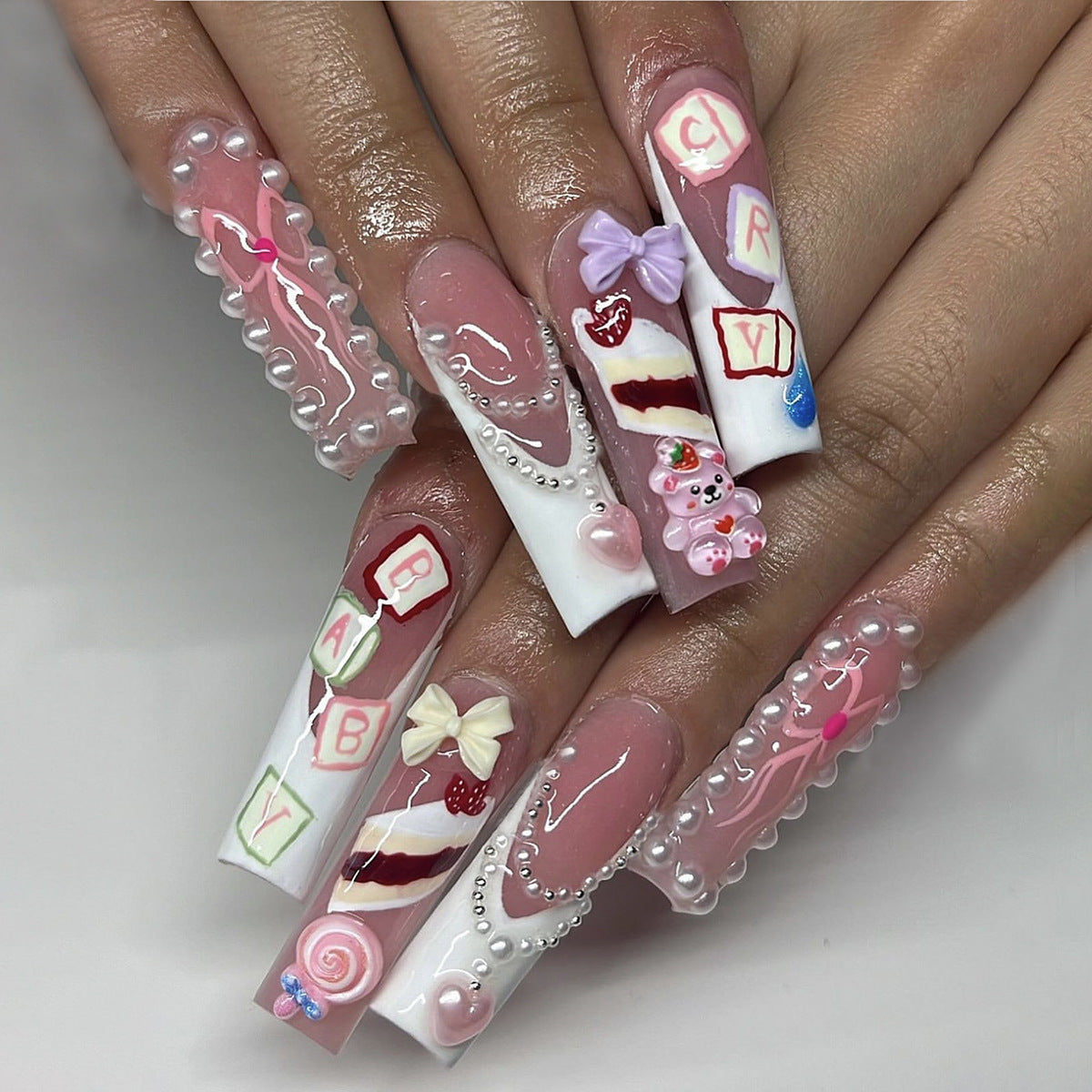 Sweet Candyland Extra Long Square Pink White Press On Nail Set with 3D ...
