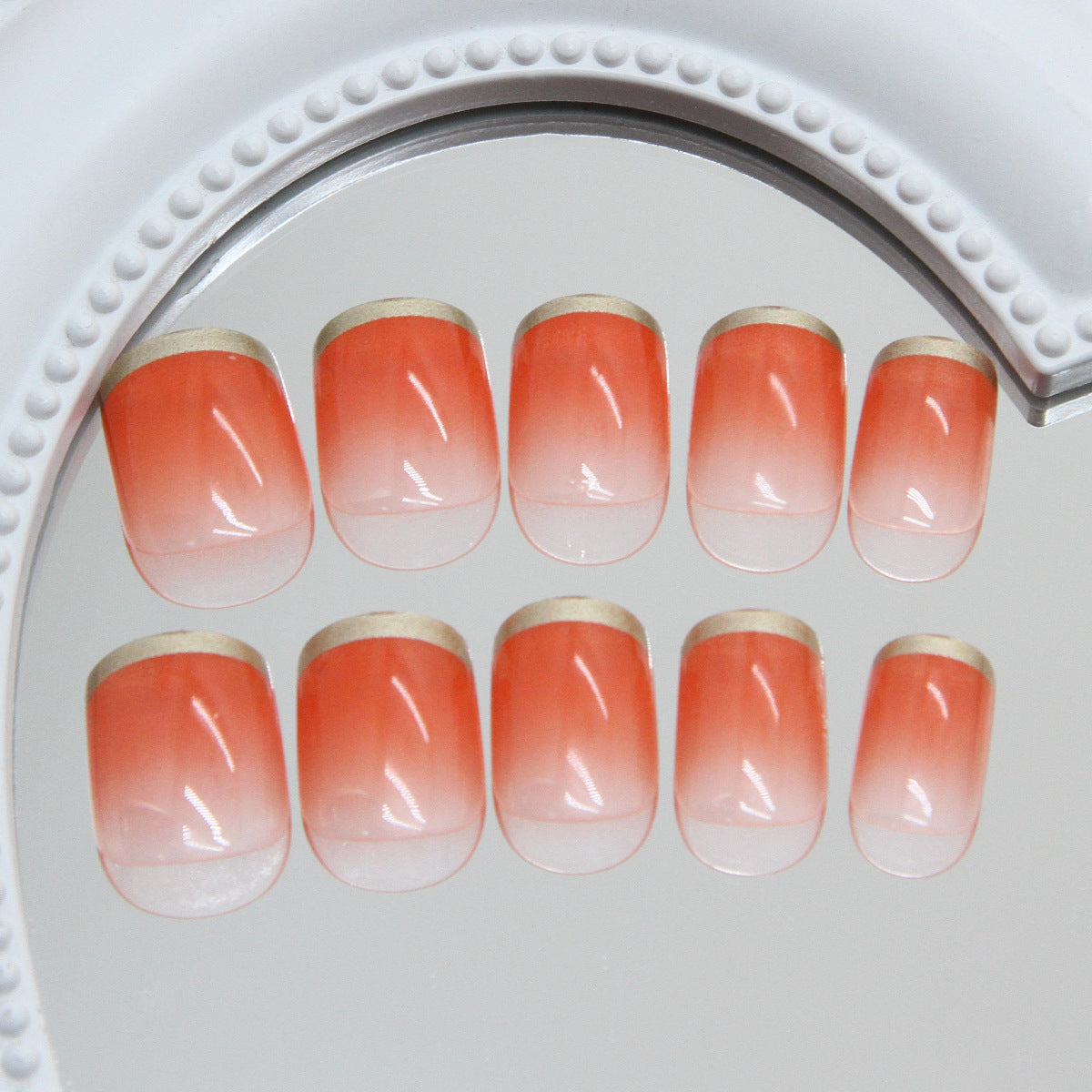 Tropical Sunset Short Squoval Coral Ombre Nails with Elegant Gold Tips ...