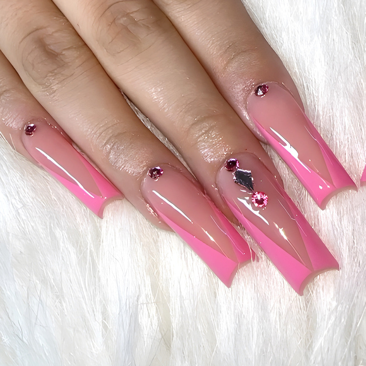 Glamorous Blossom Extra Long Square Pink Ombre Nails with Crystal Acce ...