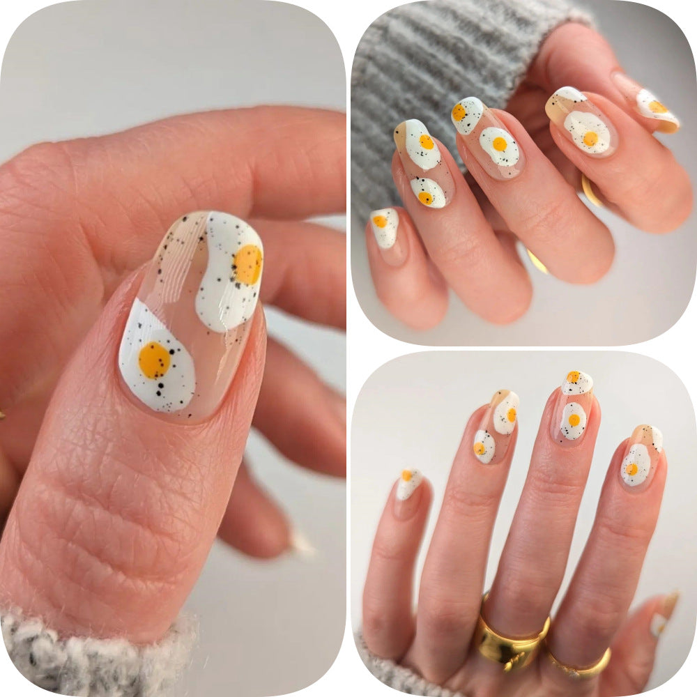 Sunny Side Up Breakfast Theme Medium Length Oval White Press-on Nails ...