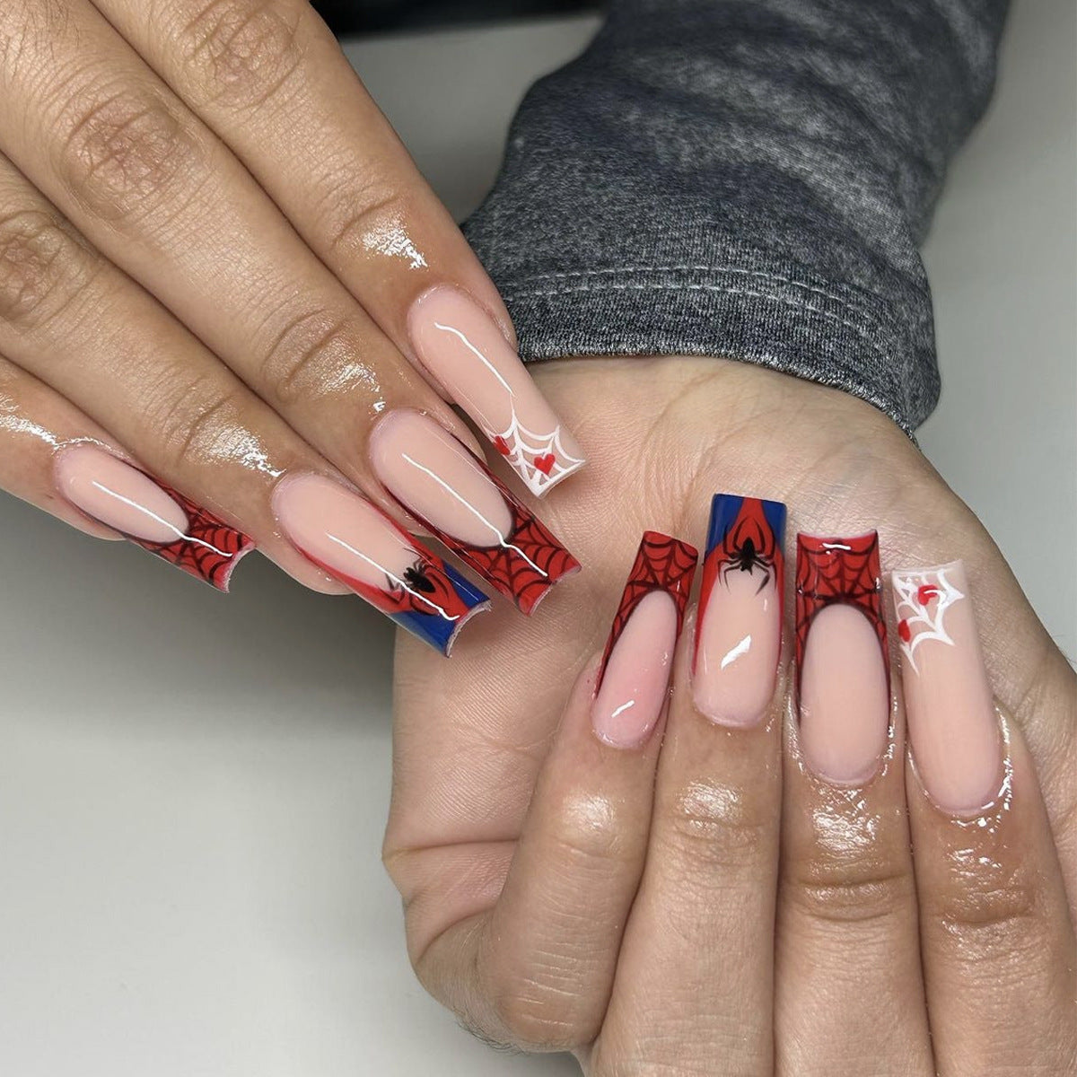 Spider-Man Inspired Extra Long Square Blue Red and Beige Press On Nail ...