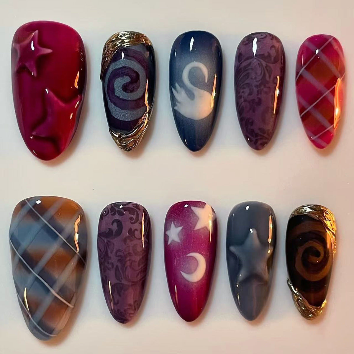 Celestial Dream Press On Nail Set Long Almond Shaped Burgundy and Twil ...