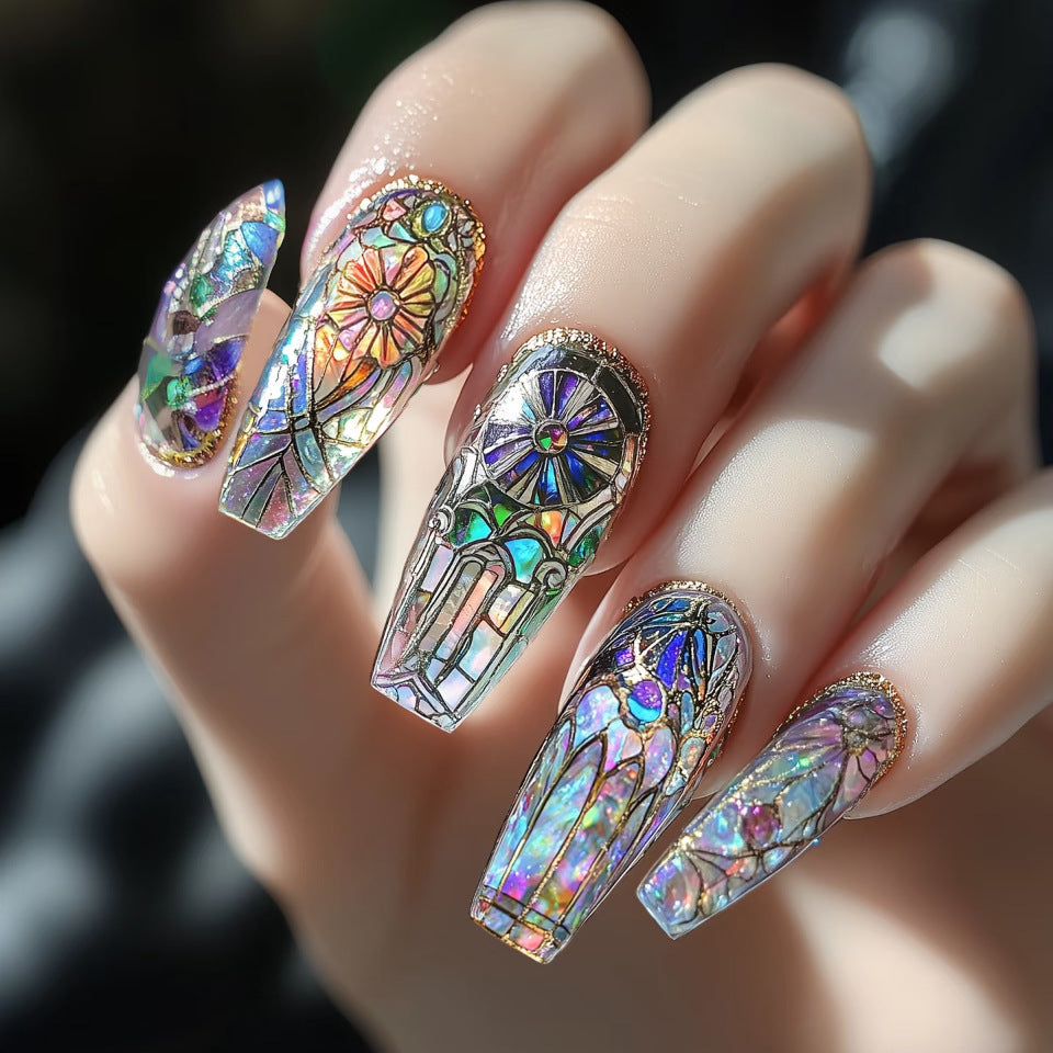 Whimsical Fantasy Long Coffin Iridescent Stained Glass Press-On Nail S ...