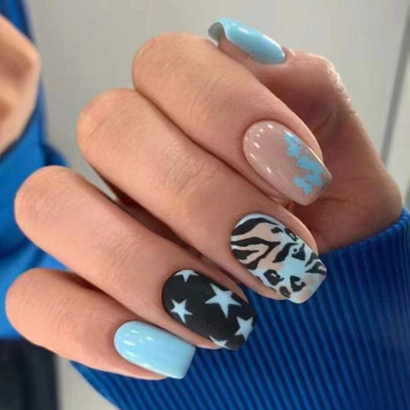 Wild Safari Themed Medium Square Press On Nail Set Blue and Black with ...