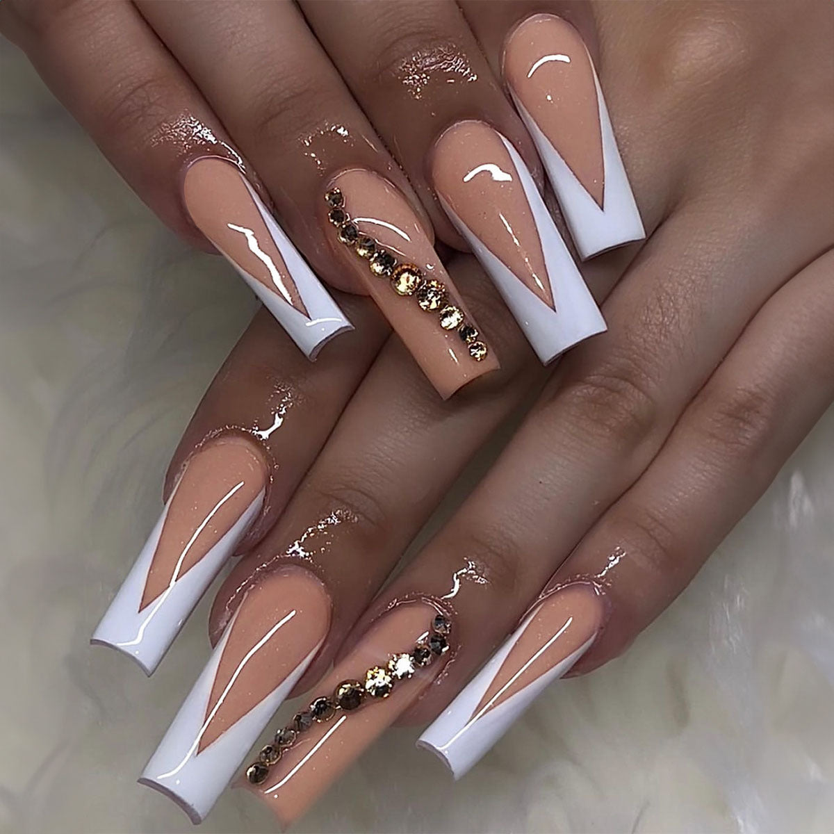 Glamorous Sunset Dream Long Square Beige and White Press On Nail Set w ...