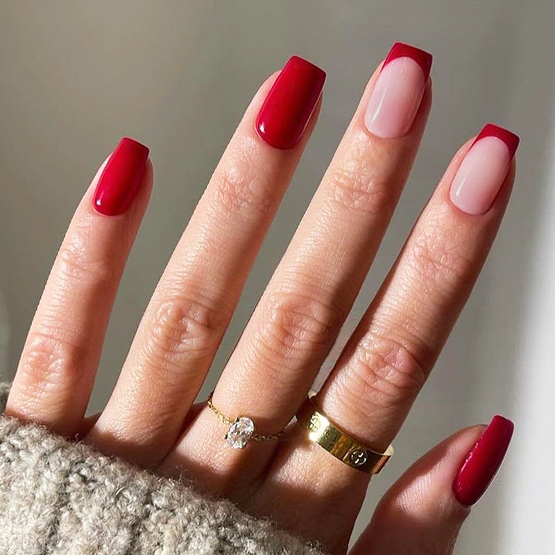 Romantic Valentine-Inspired Medium Square Red Nails with Beige Color B ...