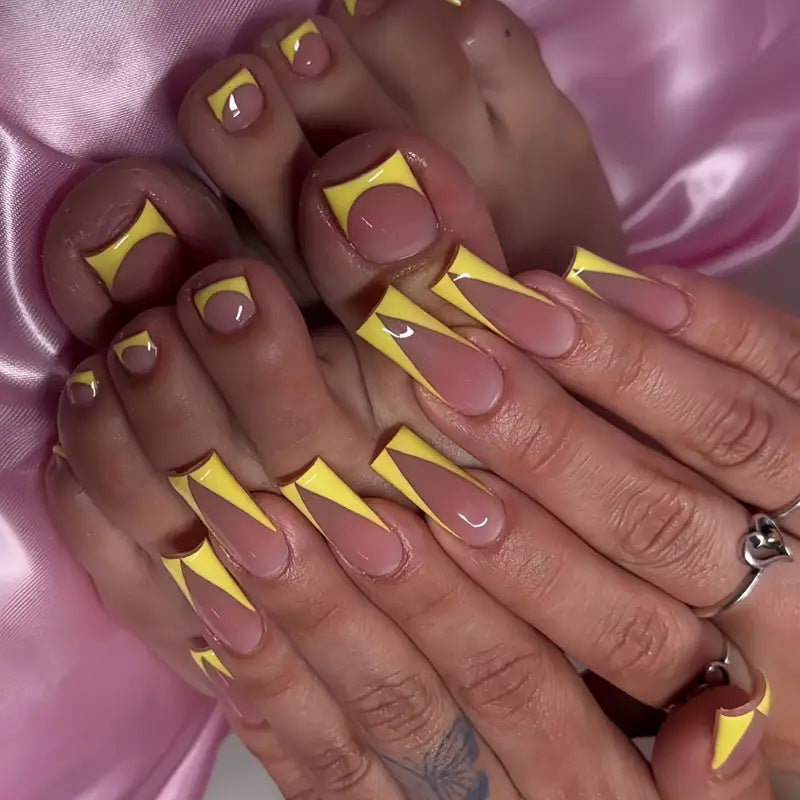 Sunny Delight Long Square Press On Nail Set Yellow Geometric Design wi ...