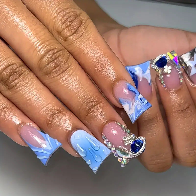 Ocean Bliss Long Duck Blue Press On Nail Set with Raindrop Design and ...
