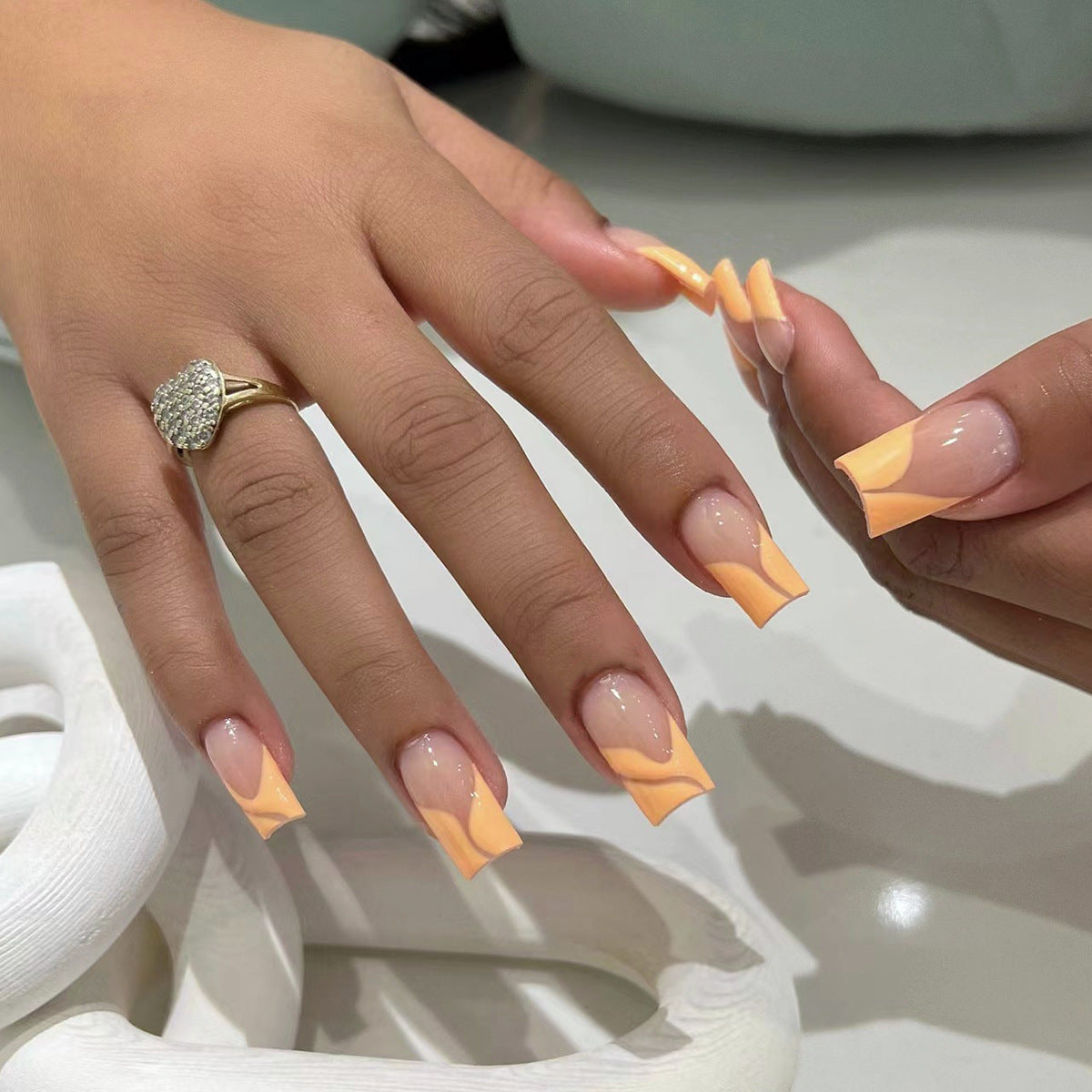 Sunset Glow Extra Long Square Press On Nails in Sheer Beige with Peach ...