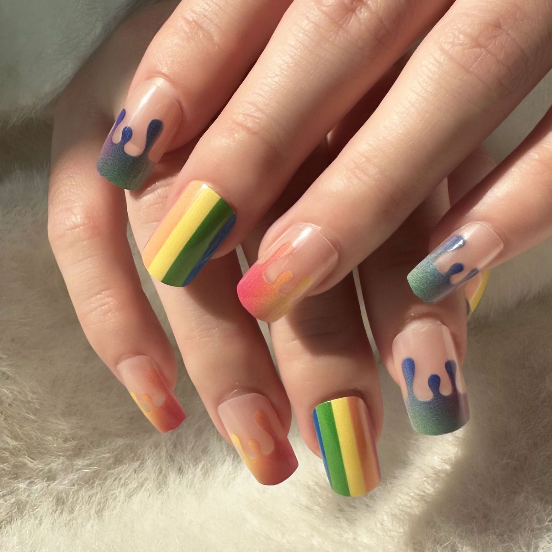 Rainbow Drip Square Press On Nails Long Colorful Styles with Gradient ...