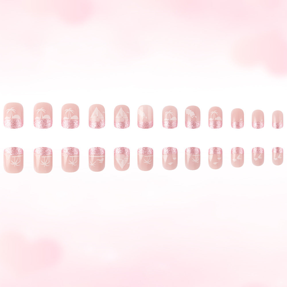 Tropical Bliss short Square Press On Nail Set in Soft Pink with Sparkl ...