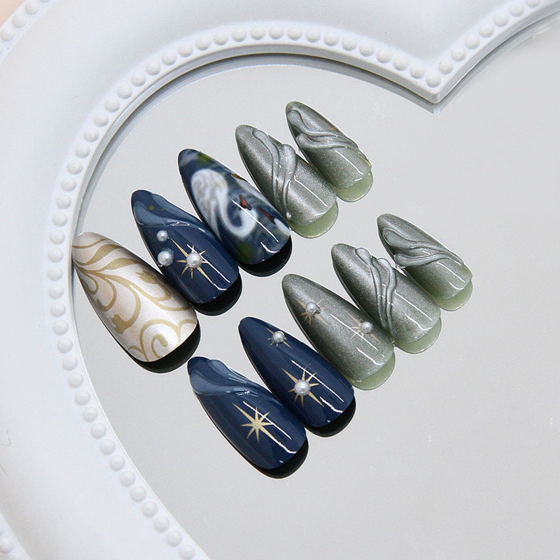 Galactic Elegance Long Almond Navy Green and Silver with Stunning Star ...