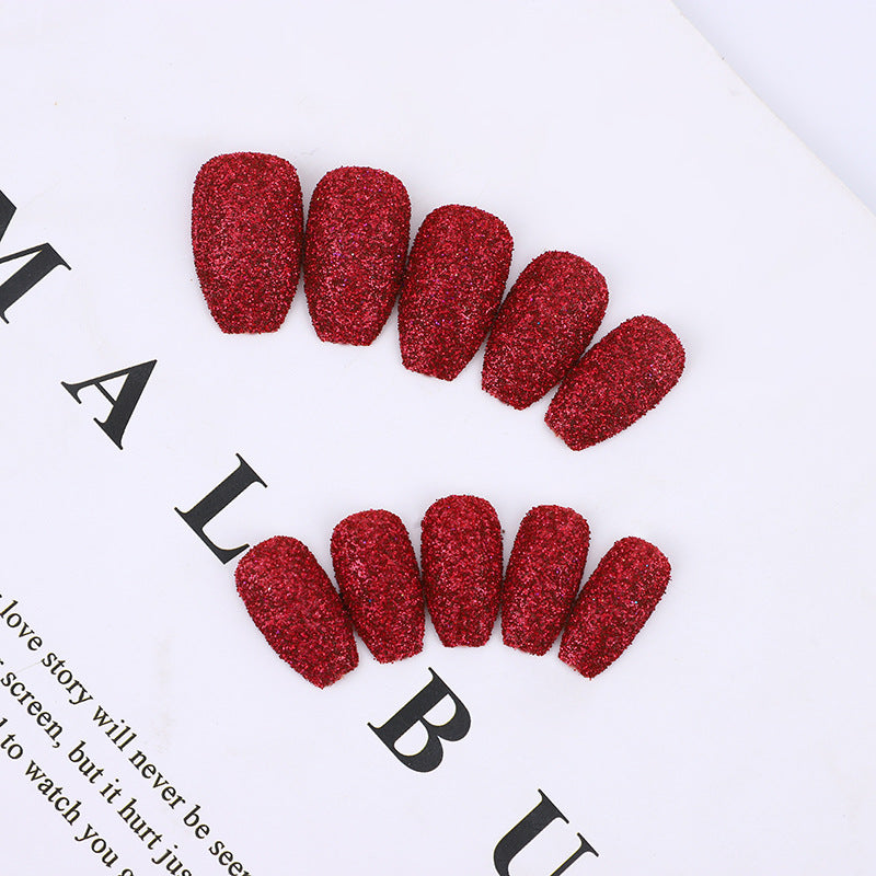 Glamourous Sparkle Short Coffin Ruby Red Glitter Finish Press On Nail ...