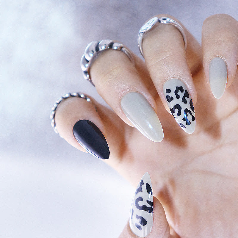 Safari Chic Long Almond Gray and Black Press On Nails with Leopard Pri ...