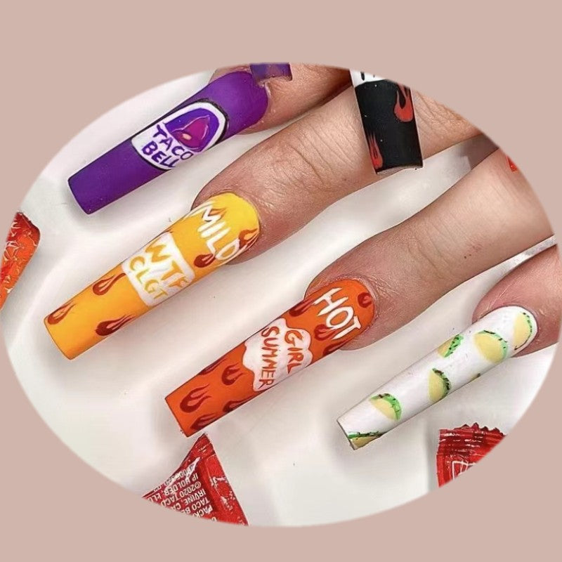 Spicy Fiesta Extra Long Square Multicolor Press On Nails with Hot Sauc ...
