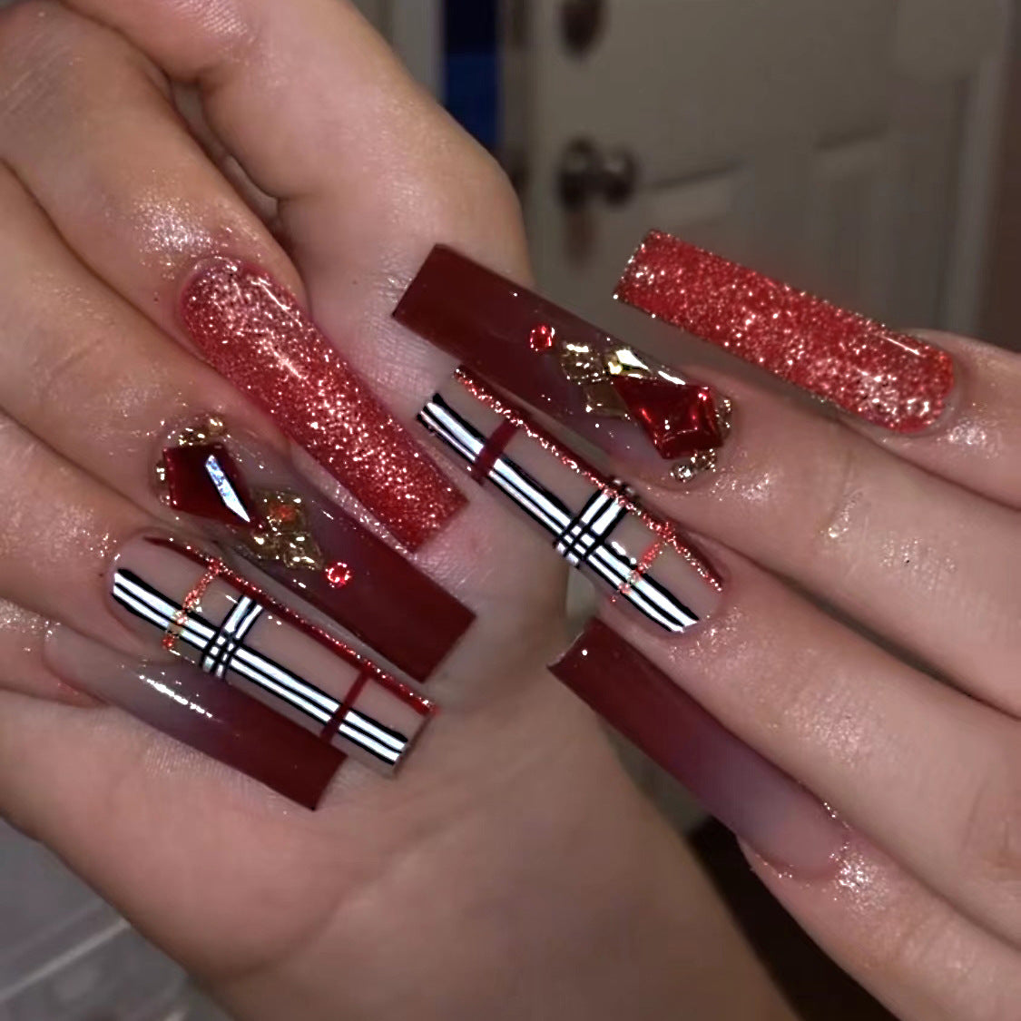 Glamorous Ruby Red Long Coffin Shaped Press On Nail Set with Glitter A ...