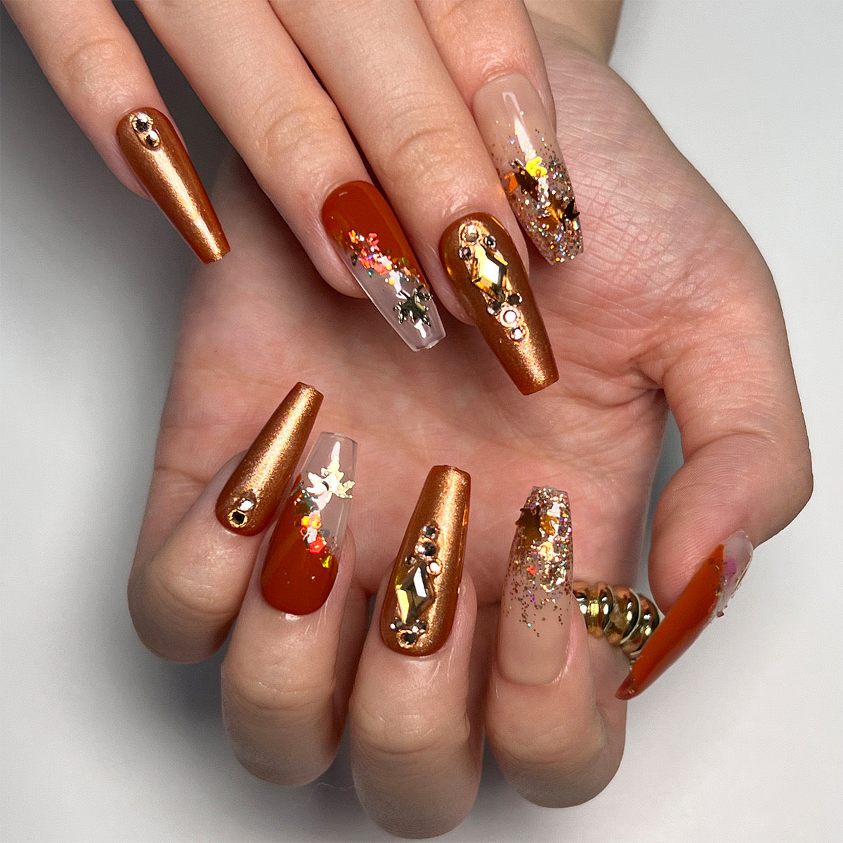 Autumn Radiance Long Coffin Copper and Rust Press On Nails with Floral ...