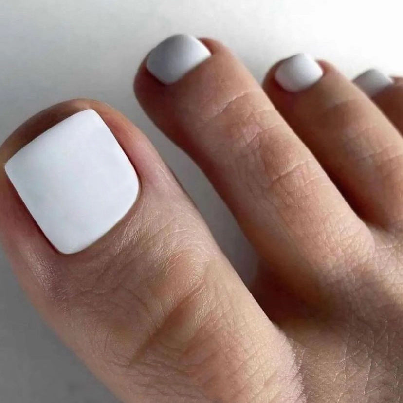 Elegant French Tip Long Square Pure White Press On Toenail Set with Ea ...