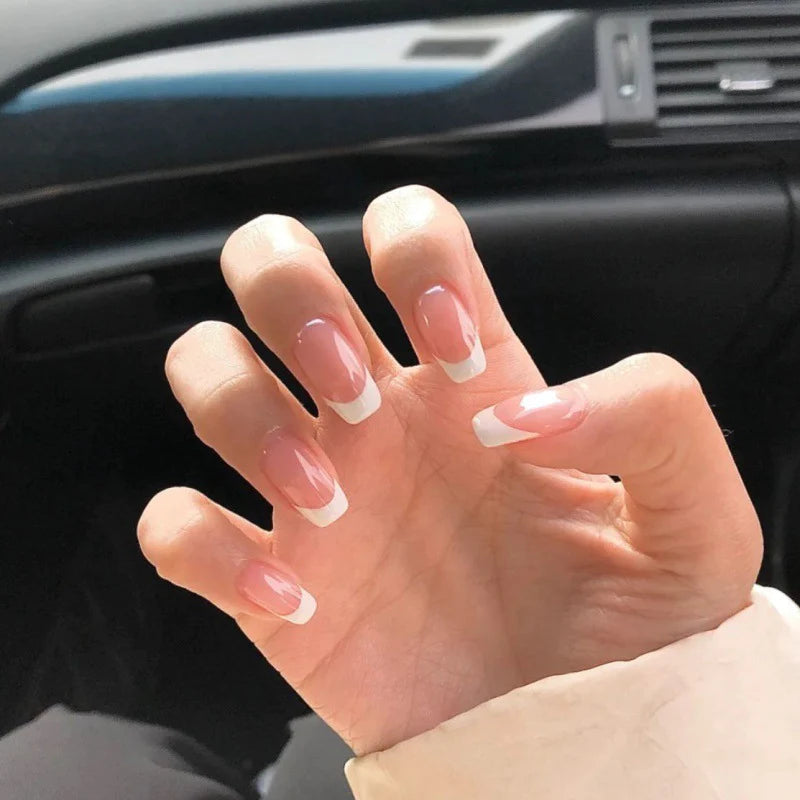 Awesome Feeling Medium Square White French Tips Press On Nails – RainyRoses