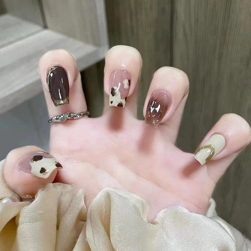Chic Farmhouse Medium Coffin Mocha and Cream Press-On Nails with Cow P ...