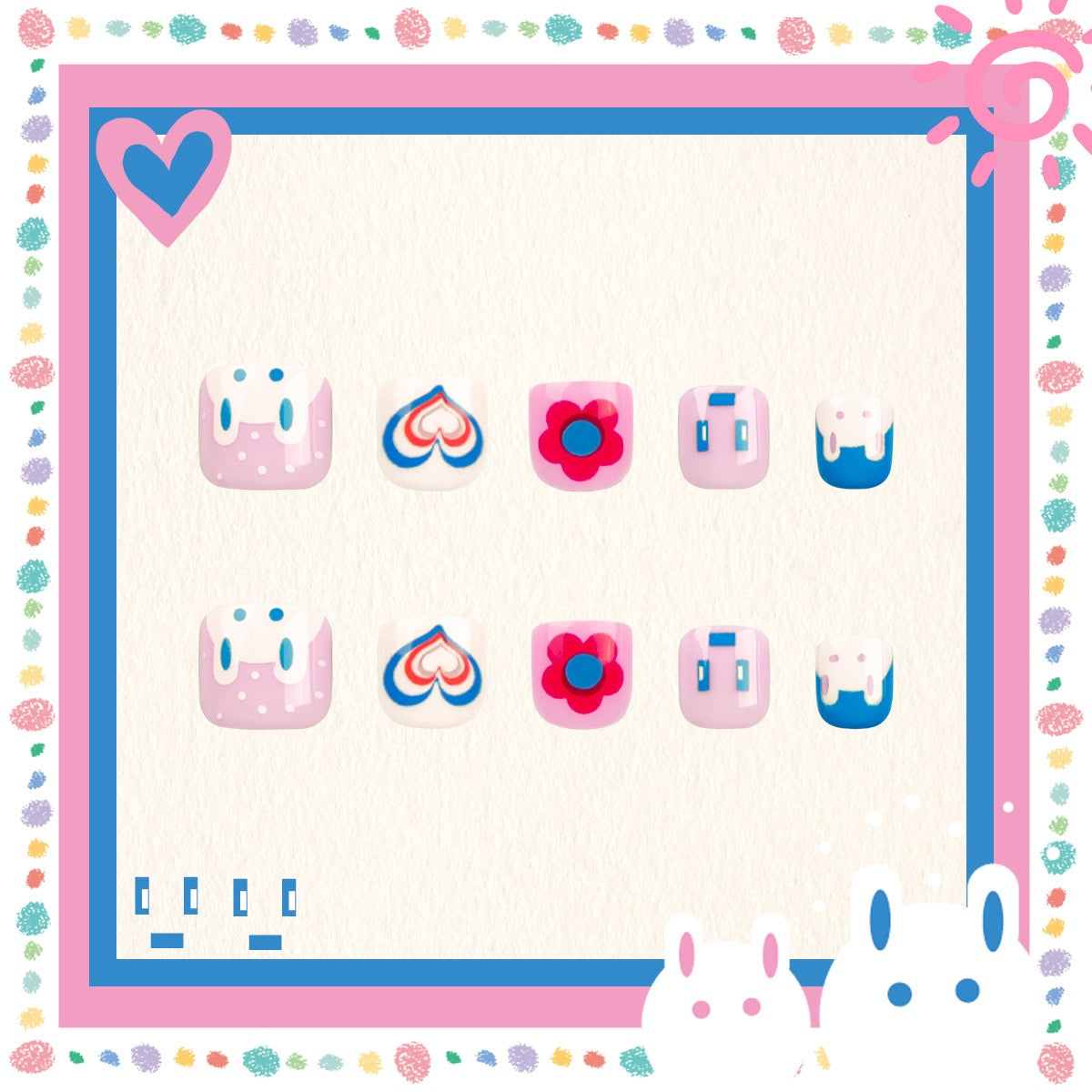 Whimsical Short Squoval Kid's Press-On Nails with Pastel Blue and Pink ...