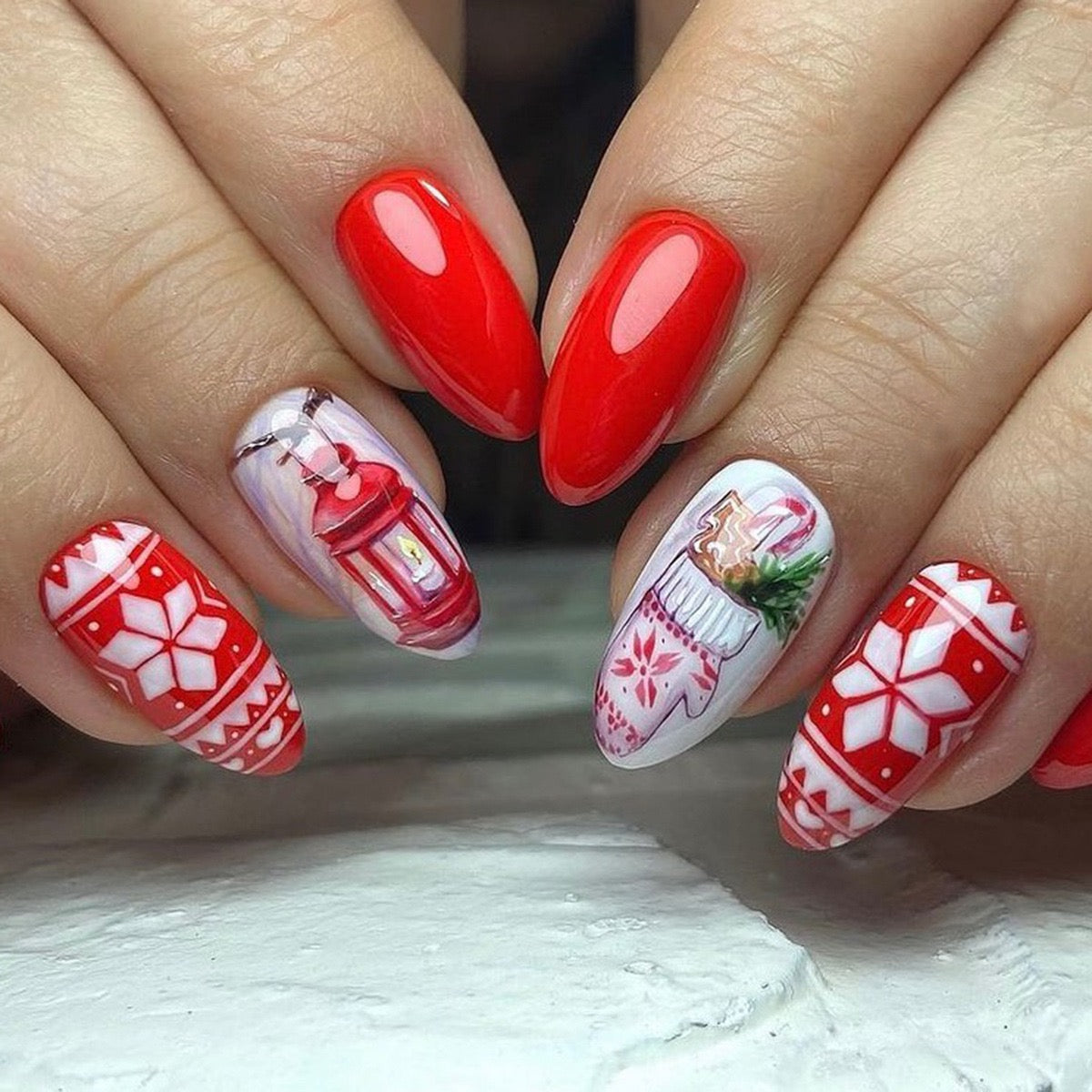 Fair Aisle Sweater Lanter Medium Almond Red Holiday Press On Nails ...