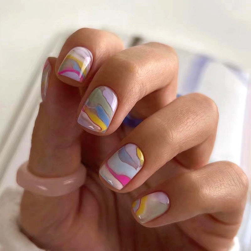 Sourced Short Square Multicolor Rainbow Press On Nails – RainyRoses