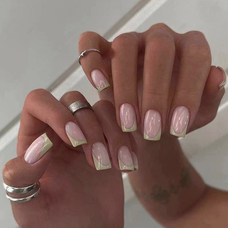Incredible Medium Square Green French Tips Press On Nails – RainyRoses
