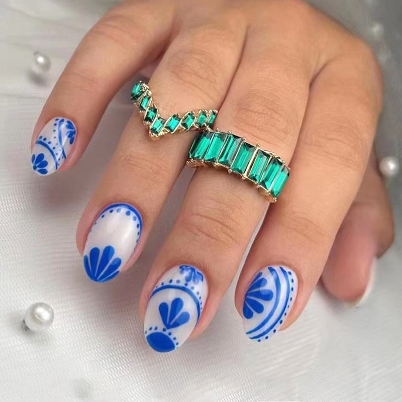 Porto Short Oval Blue Abstract Press On Nails – RainyRoses
