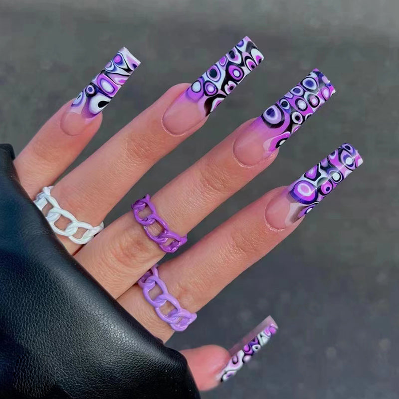 Psychedelic Chic Extra Long Square Purple Black Bubble Press On Nail S ...