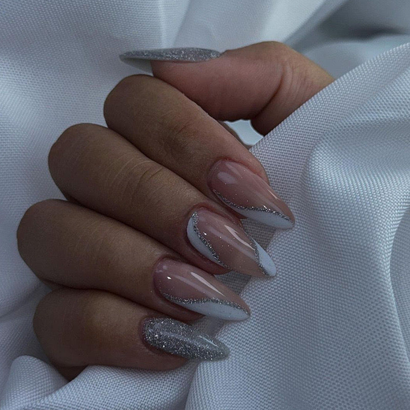 Thought I Did Long Almond Silver Glam Press On Nails – RainyRoses