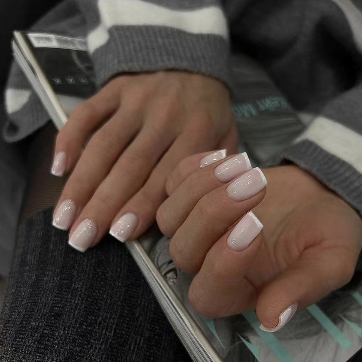 Welcome To Class Short Square White French Tips Press On Nails – RainyRoses